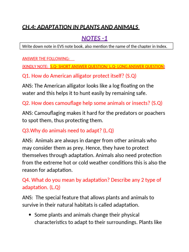 Adaptation in Plants and Animals Notes 1 | PDF