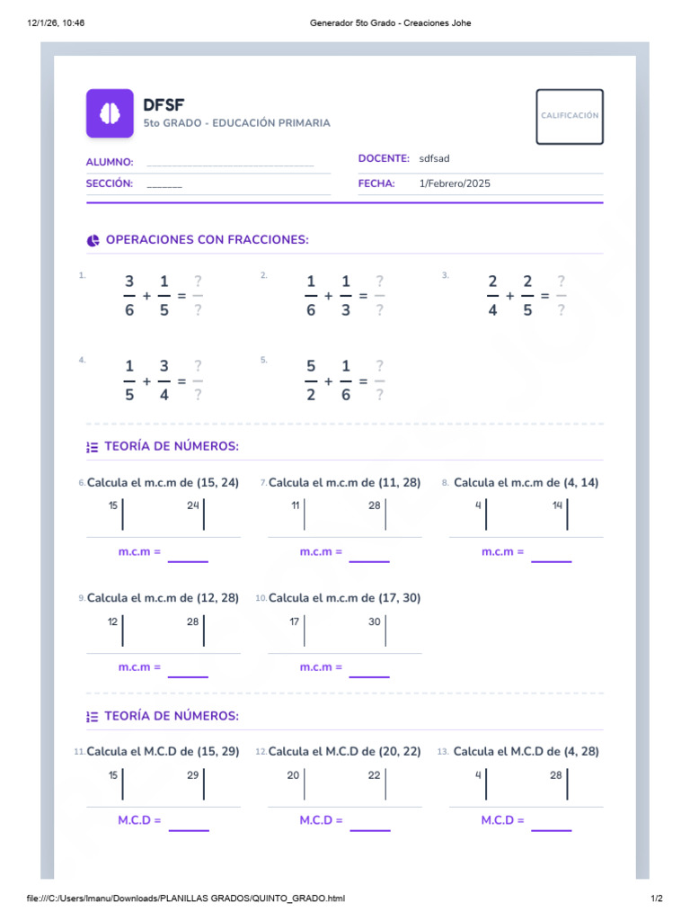 Generador 5to Grado - Creaciones Johe | PDF