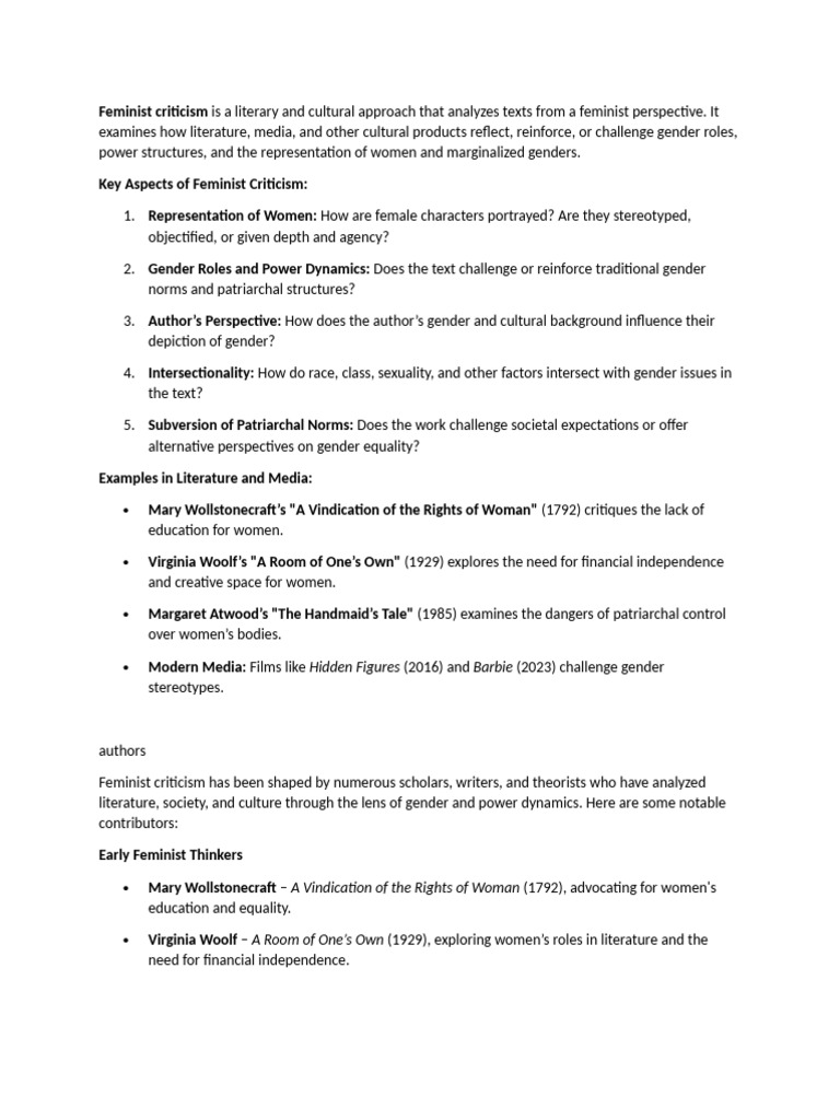 Feminist Criticism Is A Literary and Cultural Approach That Analyzes ...