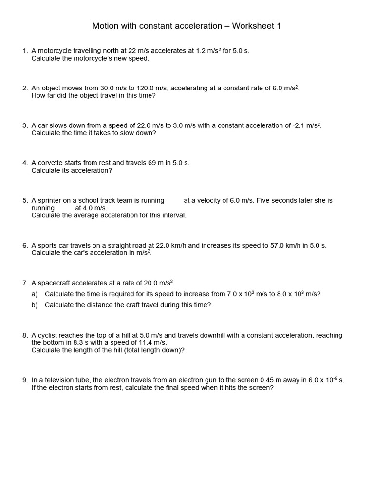 Motion With Constant Acceleration - Worksheet 1 | PDF