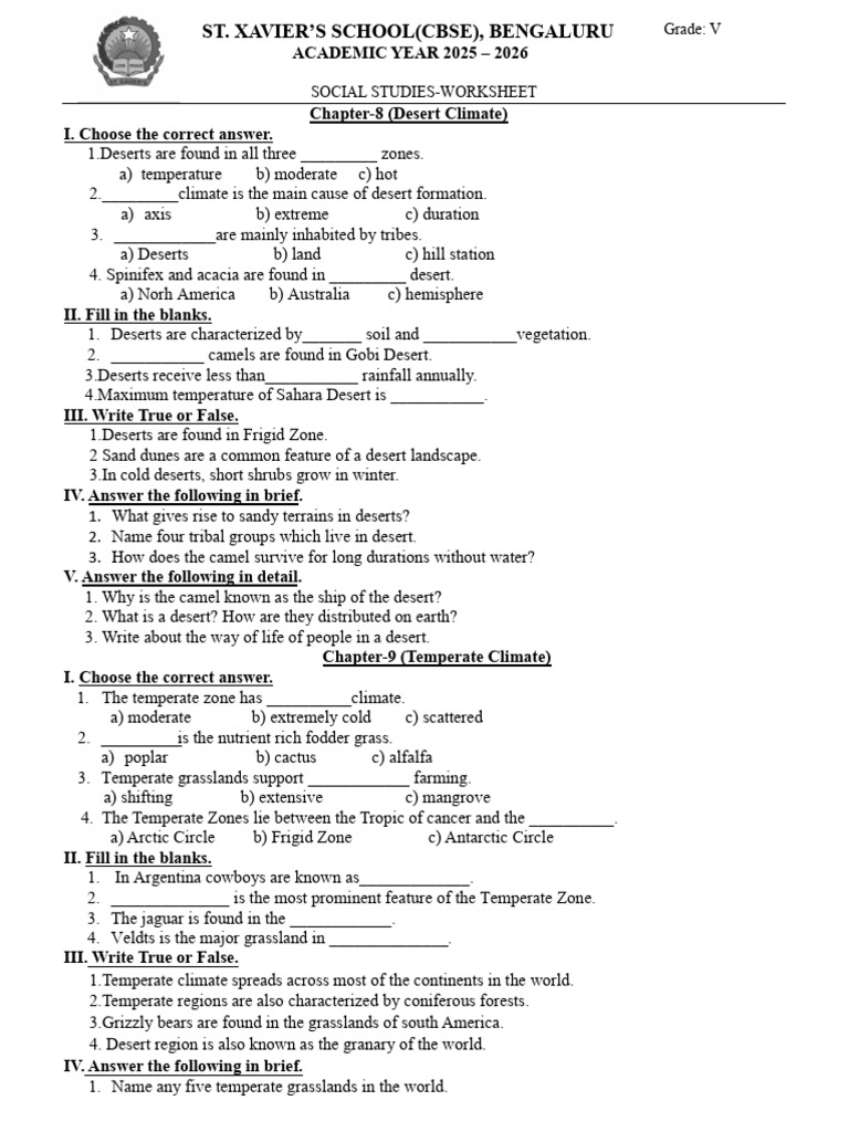 Grade V SST Ut 3 Worksheet | PDF | Desert | Temperate Climate