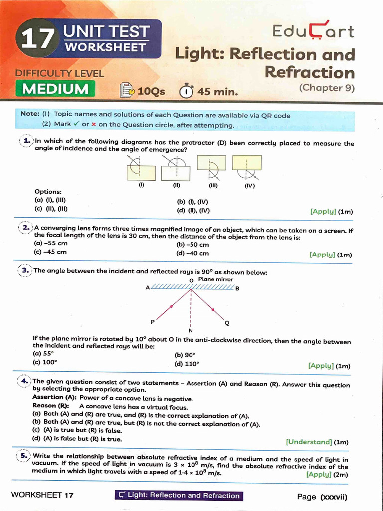 9 Light Class 10 Science Worksheet | PDF | Mirror | Electrodynamics
