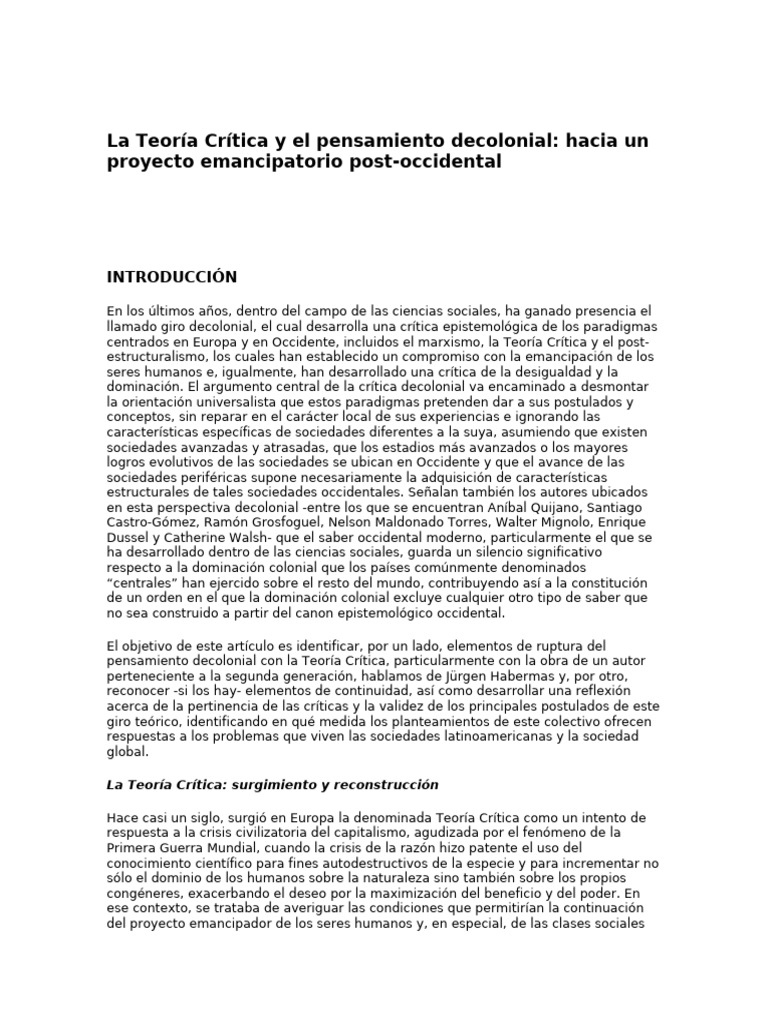 La Teoría Crítica y El Pensamiento Decolonial | PDF | Conocimiento | La ...