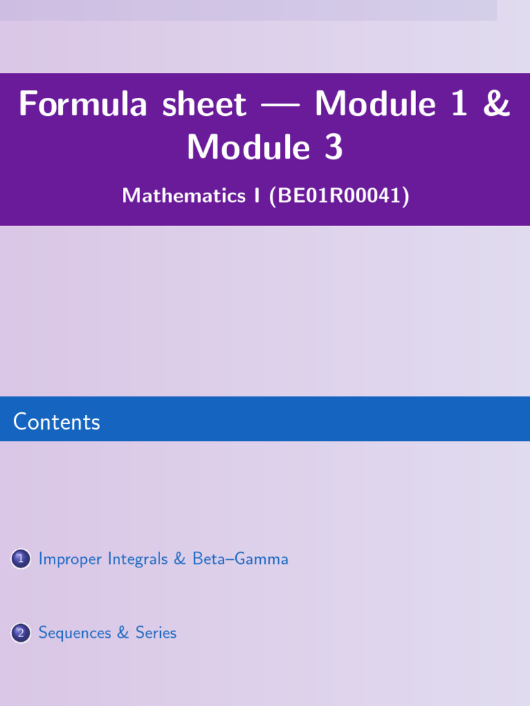 Formula Sheets For Module 1 and 3 | PDF | Pi | Integral
