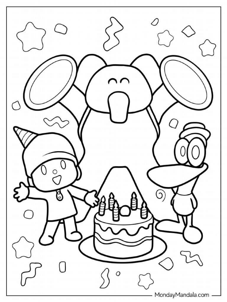 Pocoyo Elly and Pato Around A Birthday Cake Coloring Page | PDF