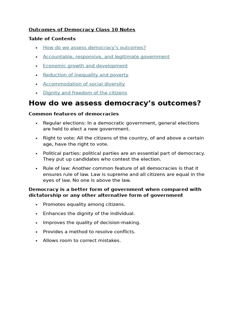Outcomes of Democracy Class 10 Notes | PDF | Democracy | Political ...