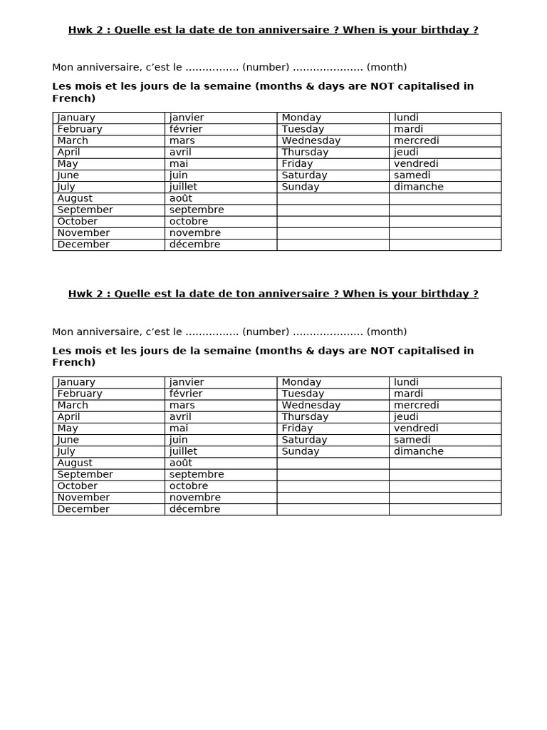 HWK 2 - Months Days of Week Vocabulary Helpsheet | PDF