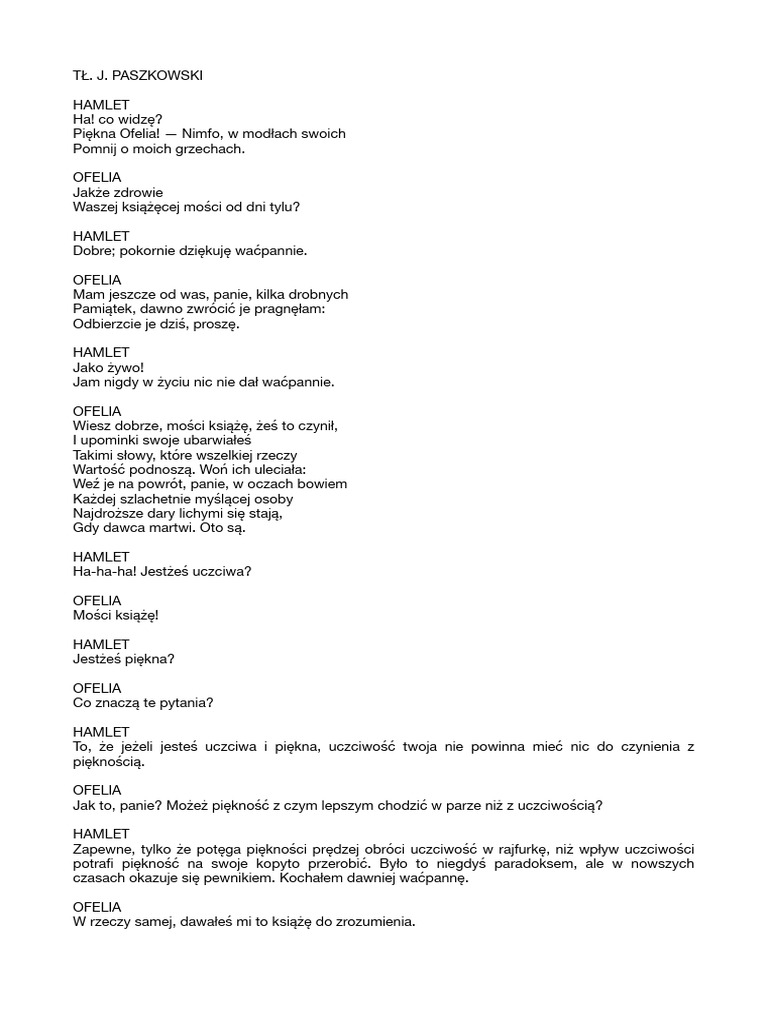 Hamlet Ofelia Dwa Tlumaczenia | PDF
