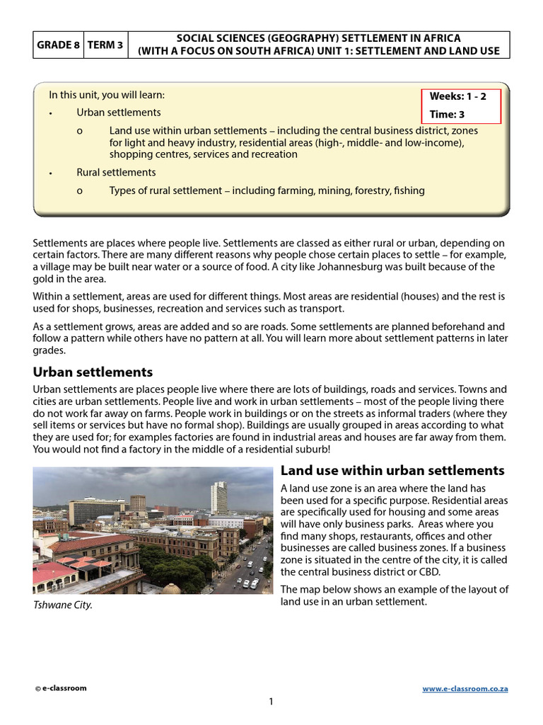 GR 8 t3 Ss Geography Unit 1 Settlement and Land Use | PDF | Plantation ...