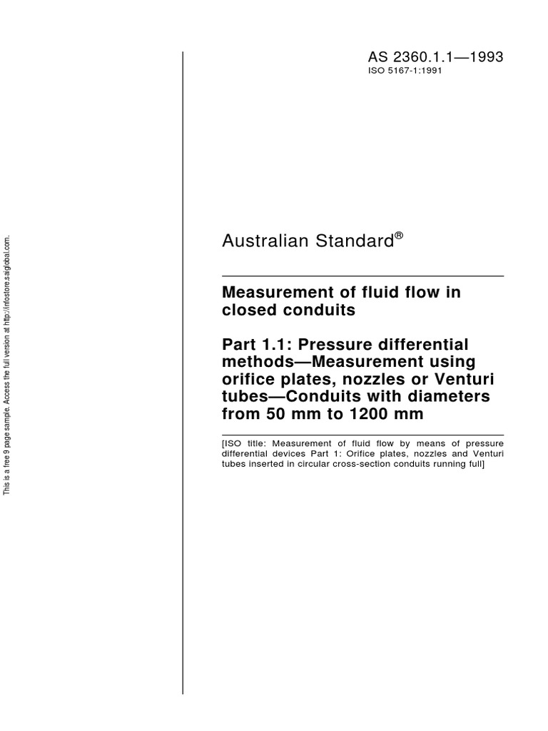 As 2360.1.1-1993 Measurement of Fluid Flow in Closed Conduits Pressure Differential Methods ...