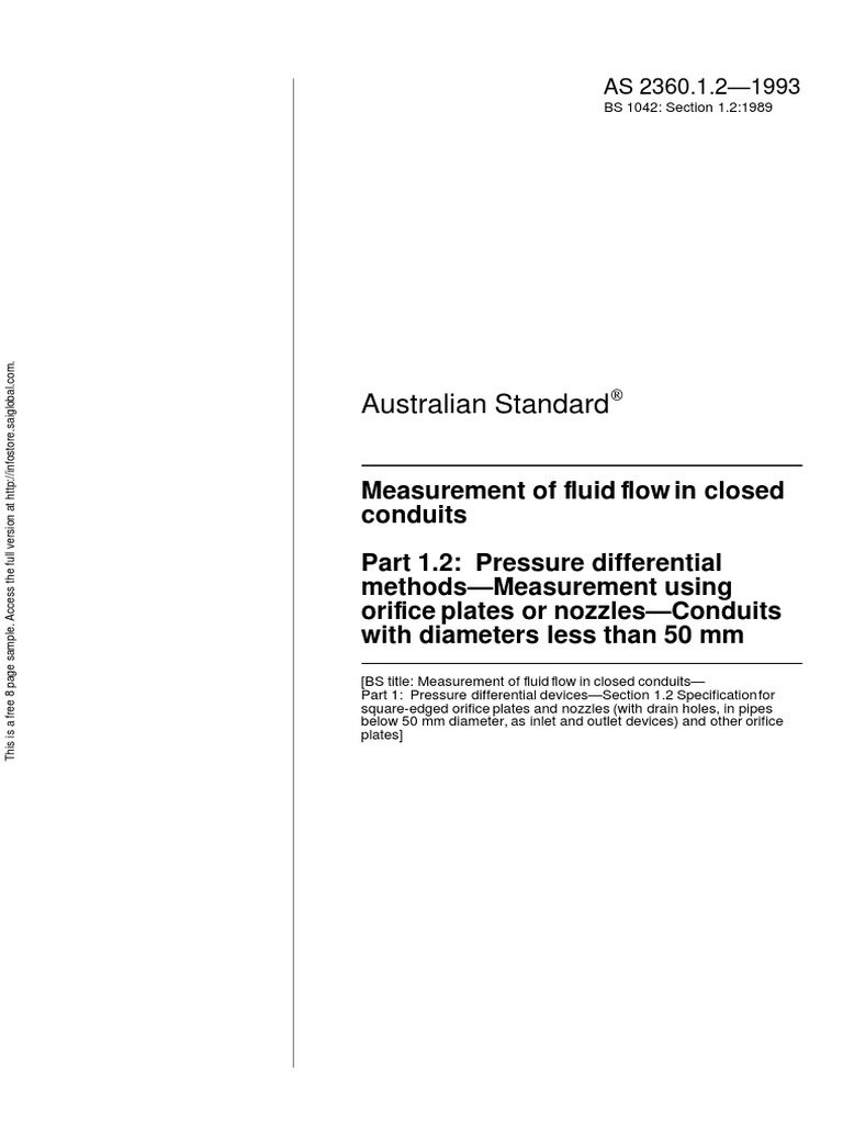 As 2360.1.2-1993 Measurement of Fluid Flow in Closed Conduits Pressure Differential Methods ...