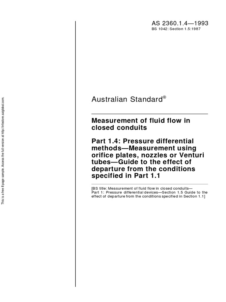 As 2360.1.4-1993 Measurement of Fluid Flow in Closed Conduits Pressure Differential Methods ...