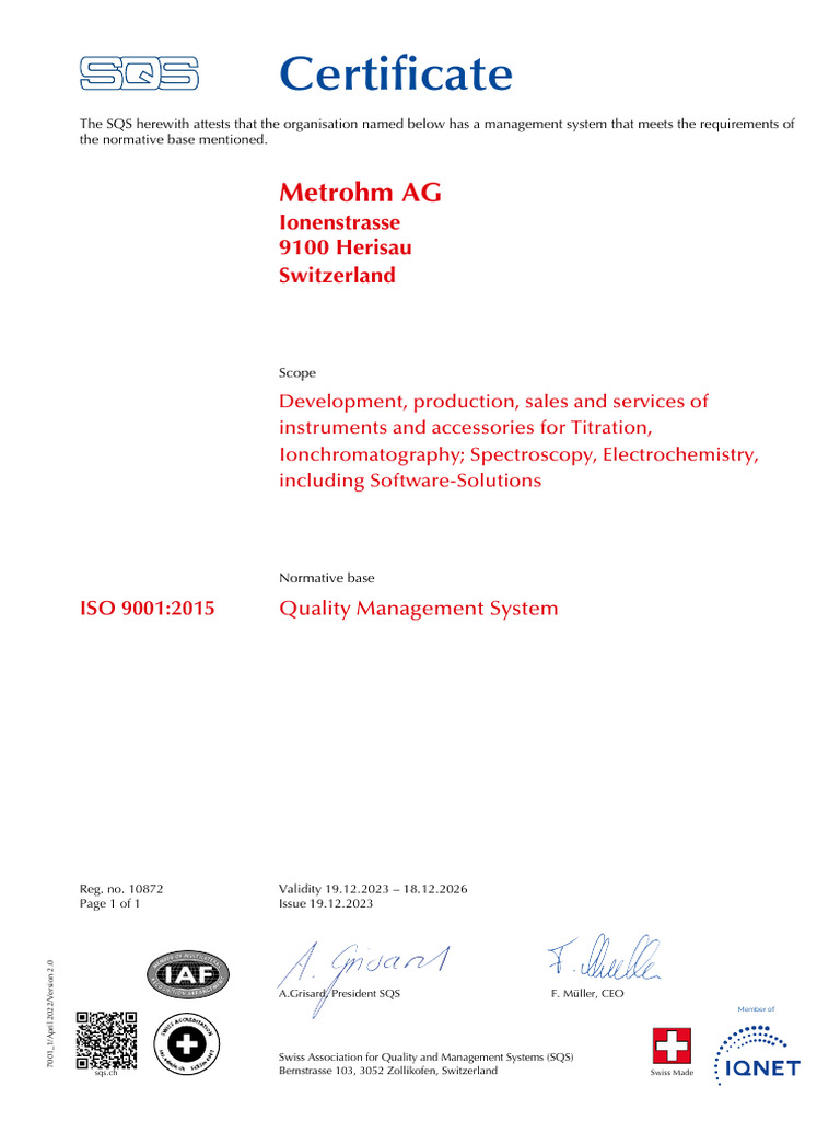 ISO 9001 - 2015 SQS Certificate | PDF