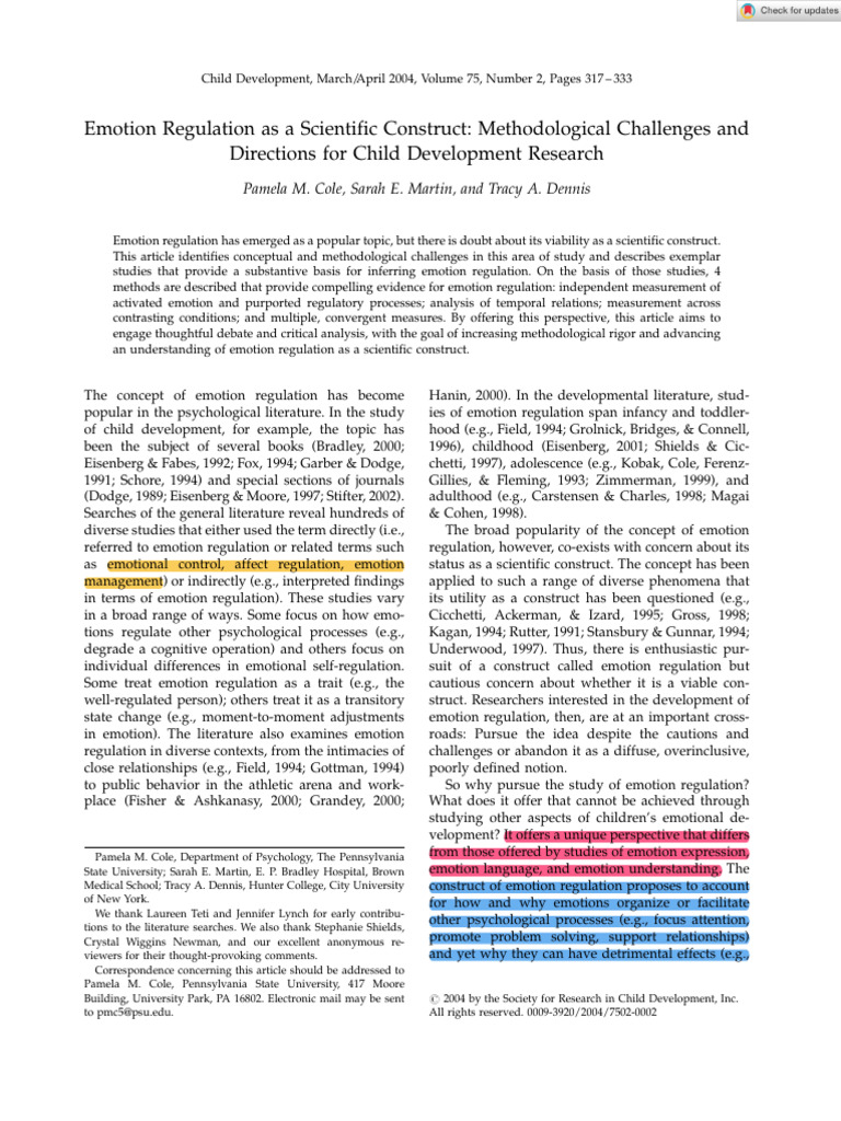 Child Development - 2004 - Cole - Emotion Regulation As A Scientific ...