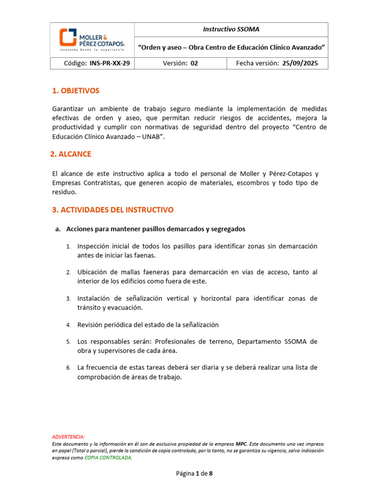 Ins PR XX 29 Orden y Aseo | PDF | Residuos | Contaminación