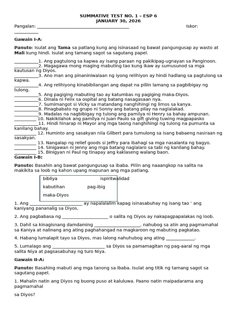 Summative Test No 1 - Esp 6 - q4 | PDF