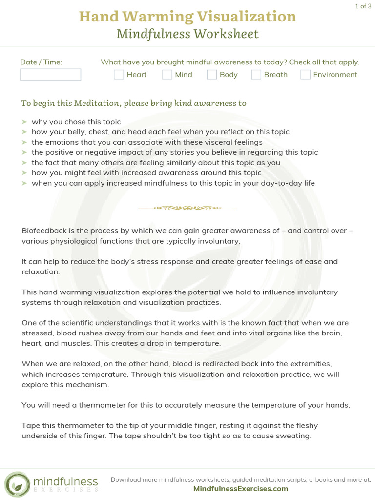 Hand Warming Visualization Mindfulness Worksheet | PDF | Mindfulness ...