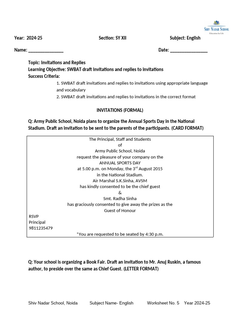 Invitations and Replies Worksheet | PDF