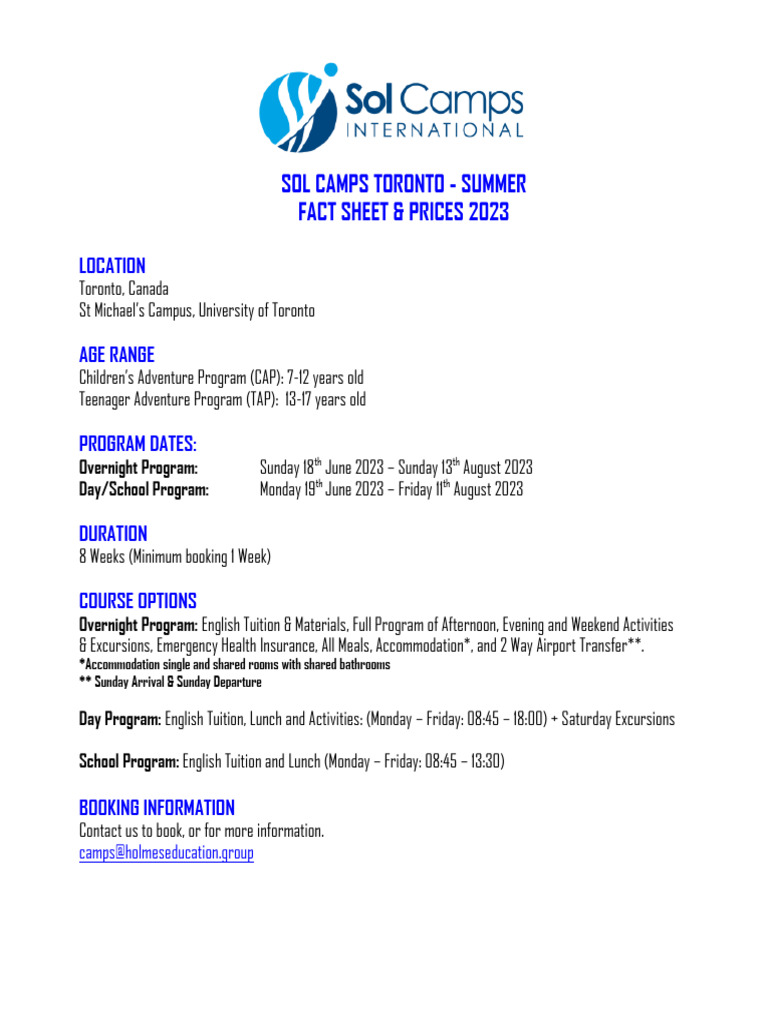 2023 Sol Camps Toronto Fees | PDF