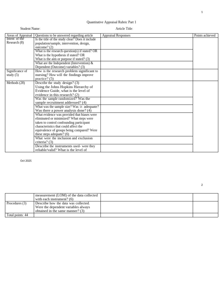 Rubric - Quantitative Appraisal Rubric Part 1 | PDF