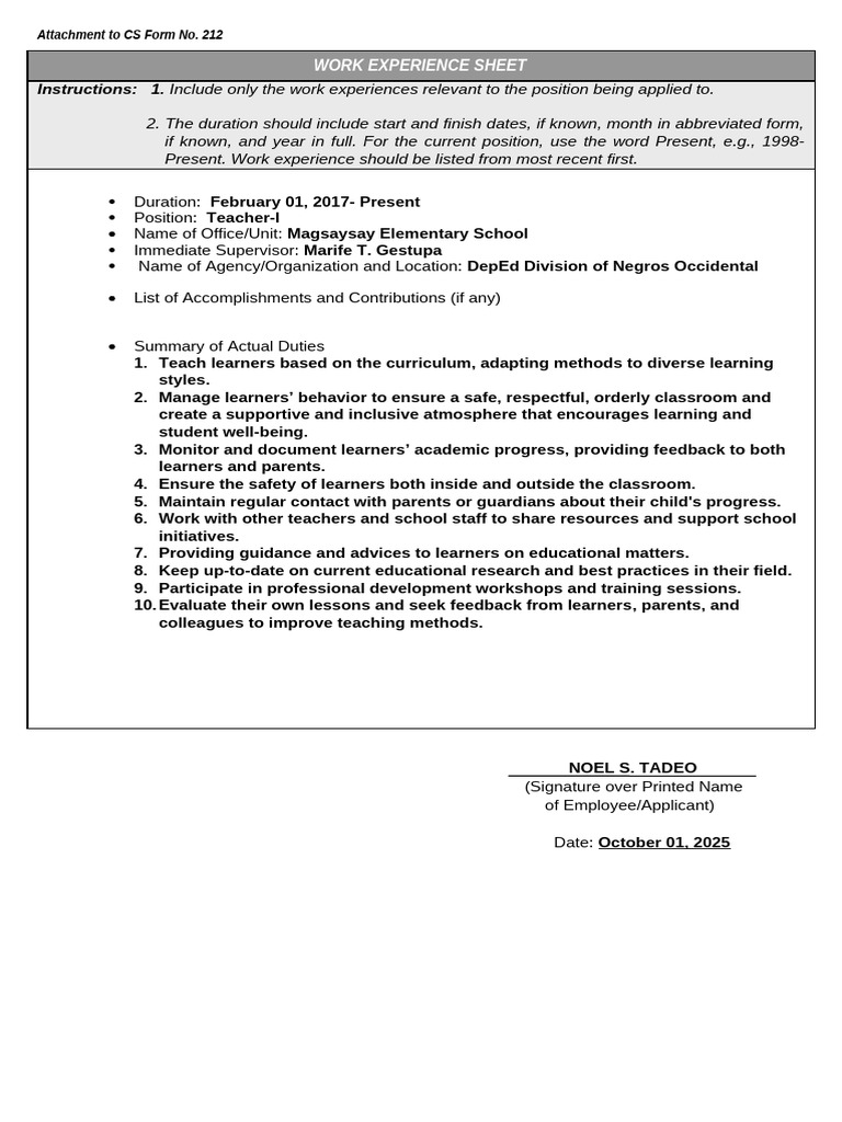 CS Form No 212 Work Experience Sheet-Tadeo | PDF | Learning | Education ...
