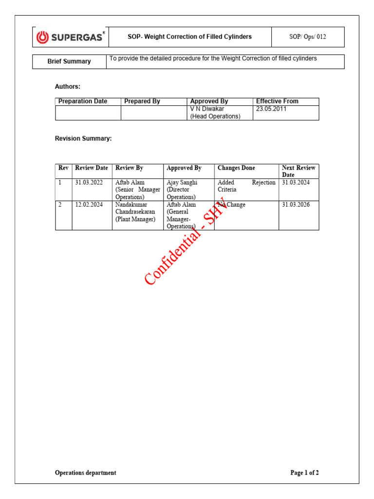 SOP-OPS-012-Weight Correction of Filled Cylinders | PDF | Gases