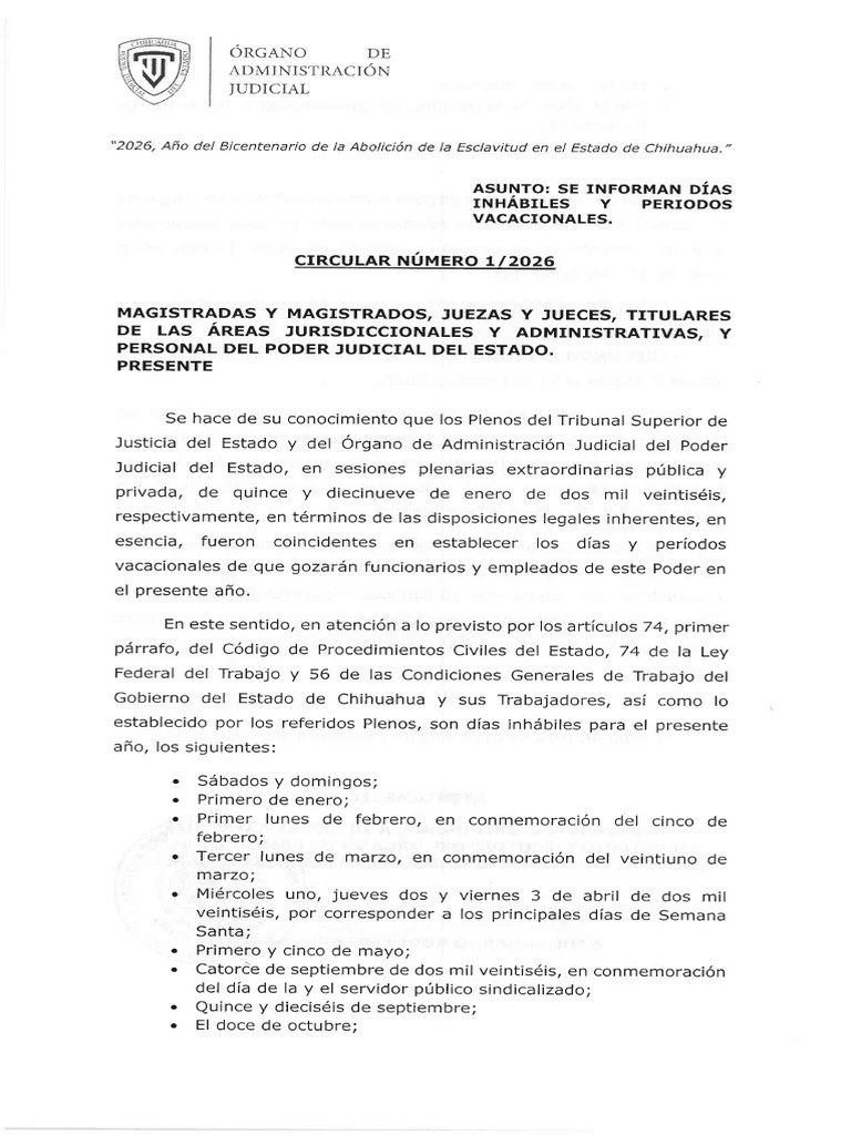 CIRCULAR 1-26 Dias Inhabiles y Periodos Vacacionales | PDF