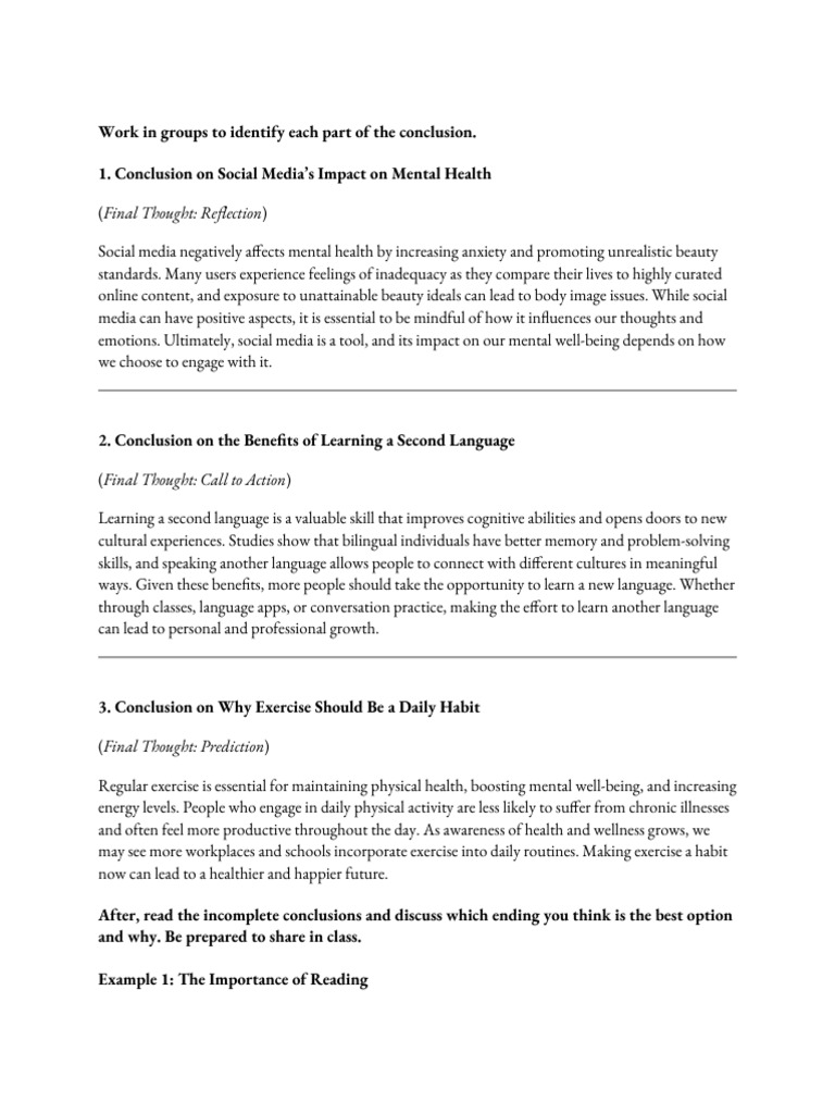 Parts of Conclusion Paragraphs Practice | PDF | Thought | Mental Health