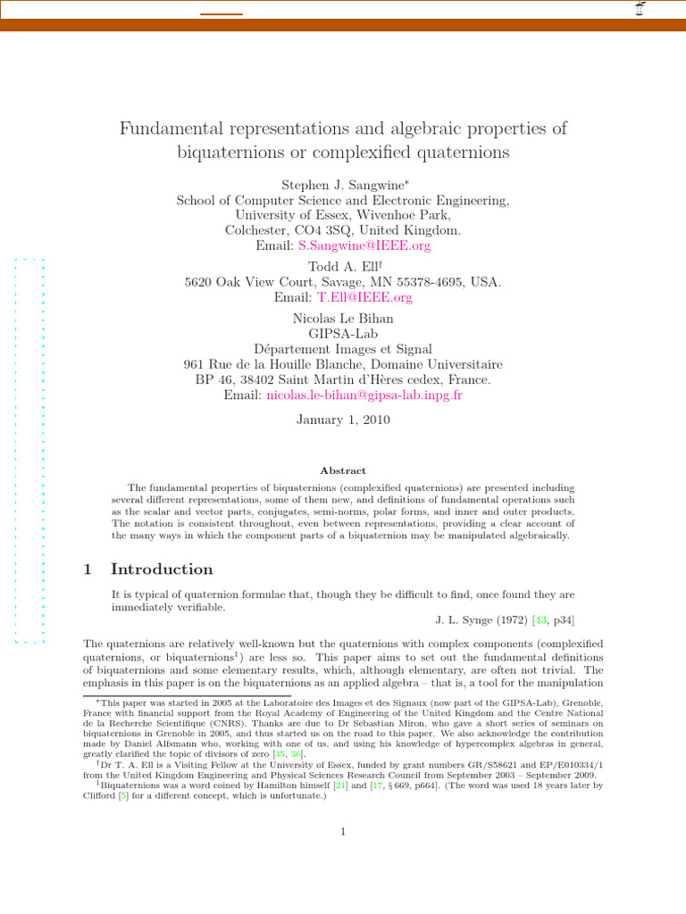 Fundamental Representations and Algebraic Properties of Biquaternions ...