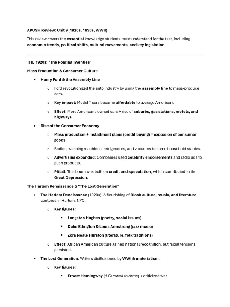 Unit 9 APUSH Test Review 1920s 1930s WWII | PDF | New Deal | Great ...