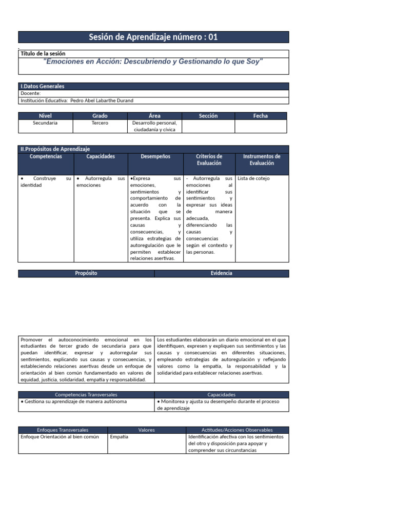 Sesion Uno para Aplicar Plan de Accion | PDF | Las emociones | Evaluación