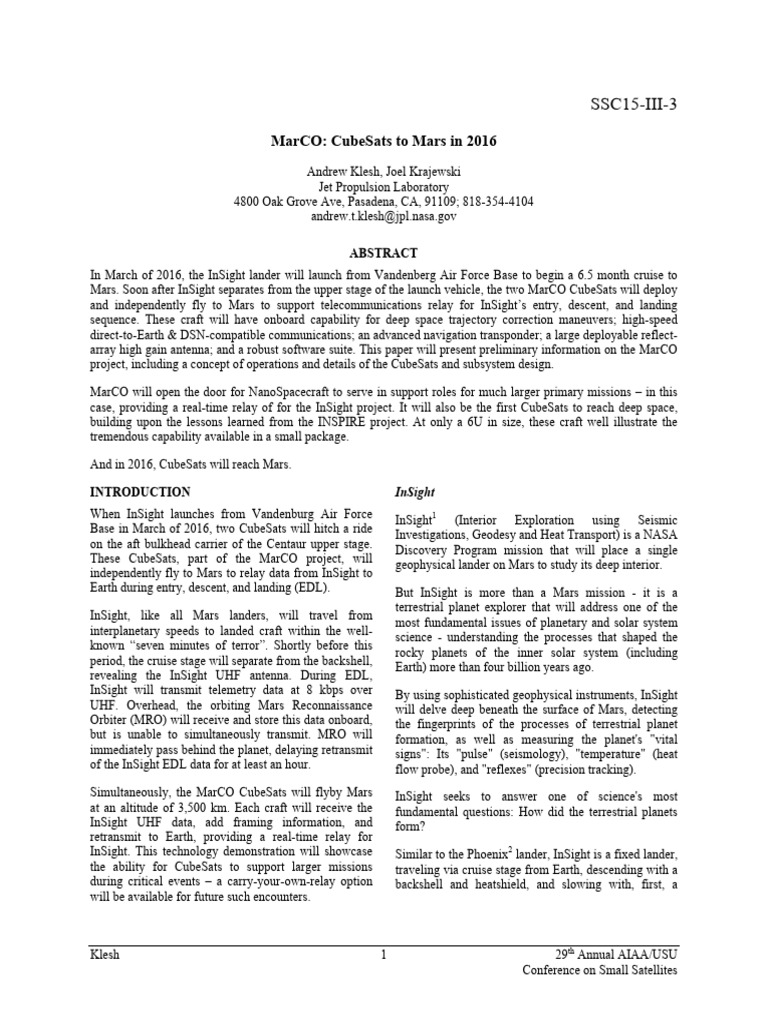 Marco Cubesats to Mars in 2016 49dun6k1kc | PDF | Insight | Exploration ...