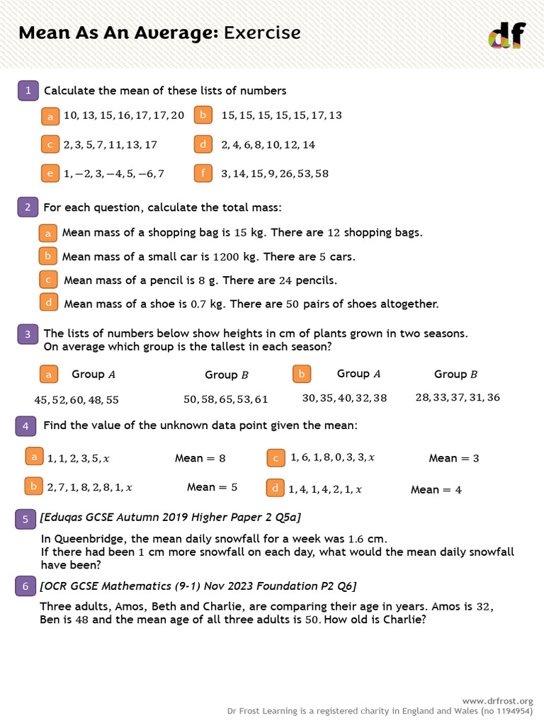 Mean as an Average - Exercise | PDF | Mean