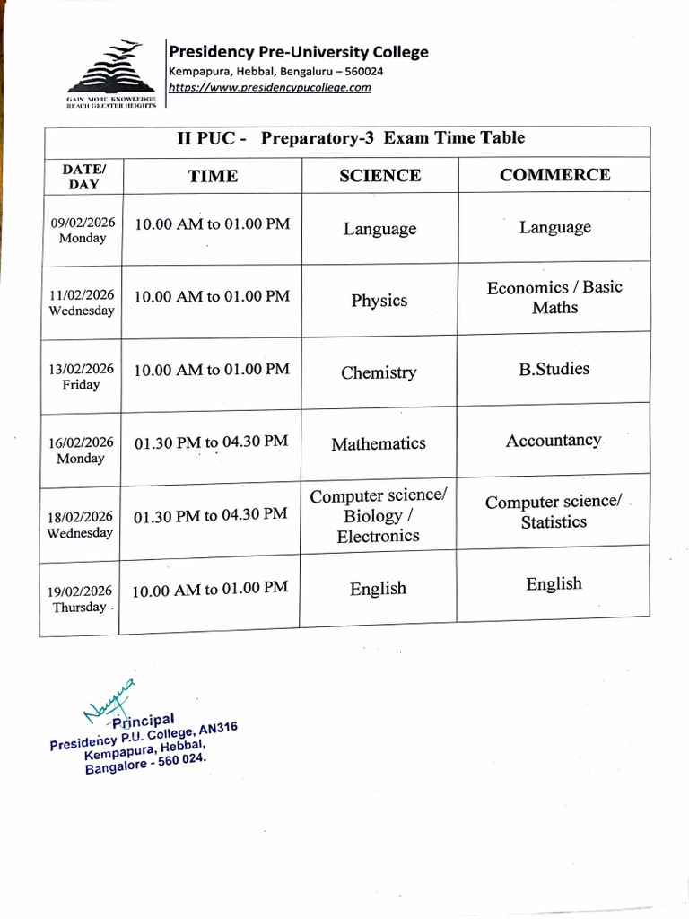 II PUC Preparatory-3 Exam Time Table-2026 | PDF