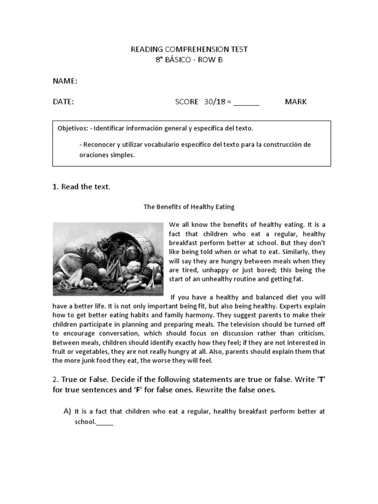 READING COMPREHENSION TEST 8vo Básico 31 de Mayo FILA B | PDF | Junk ...