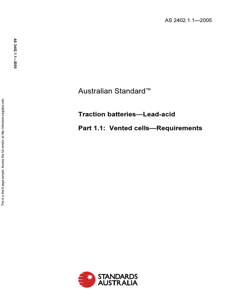 As 2402.1.1-2005 Traction Batteries - Lead-Acid Vented Cells ...