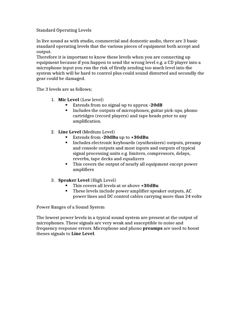 Standard Operating Levels | PDF