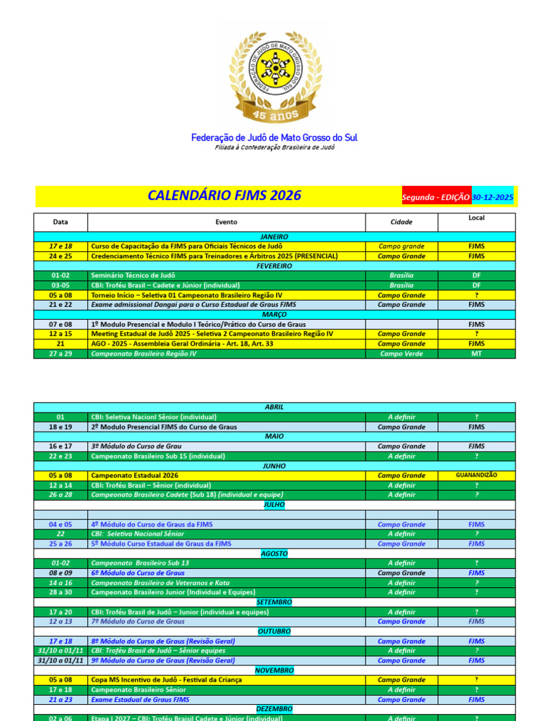 01 - Calendário Fjms 2026 - Segunda Edição 30-12-2026 | PDF