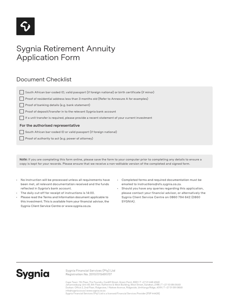 Sygnia Retirement Annuity Application Form - Editable 2 | PDF ...