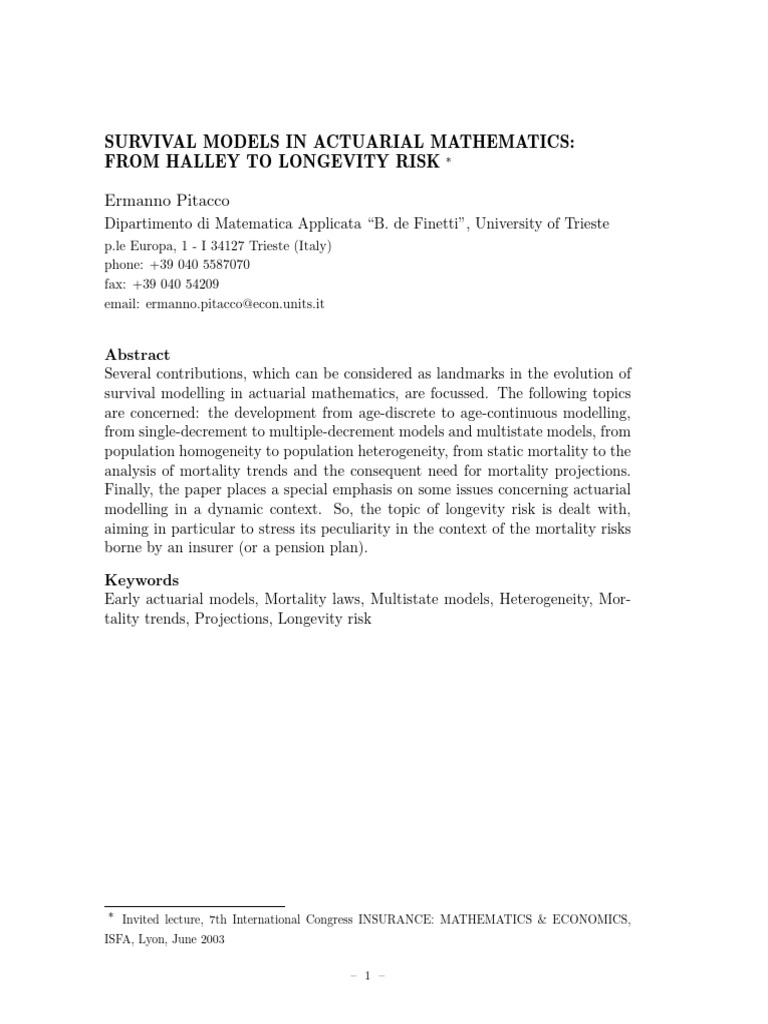 Survival Models in Actuarial Mathematics: From Halley To Longevity Risk ...