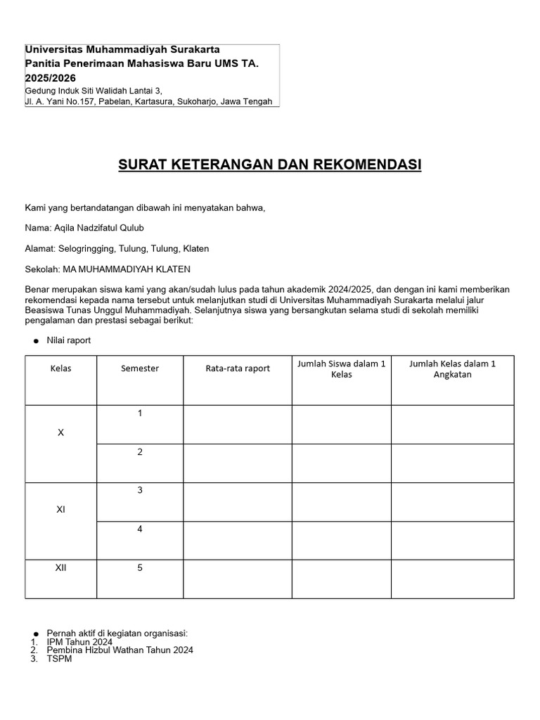 Surat Keterangan Dan Rekomendasi Beasiswa UMS 2025-2026.docx - 20260202 ...