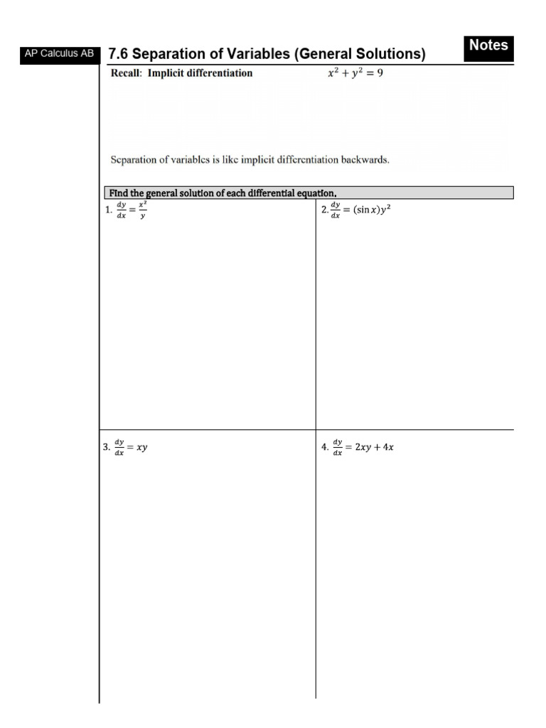 7.6 Separation of Variables (General Solutions) | PDF