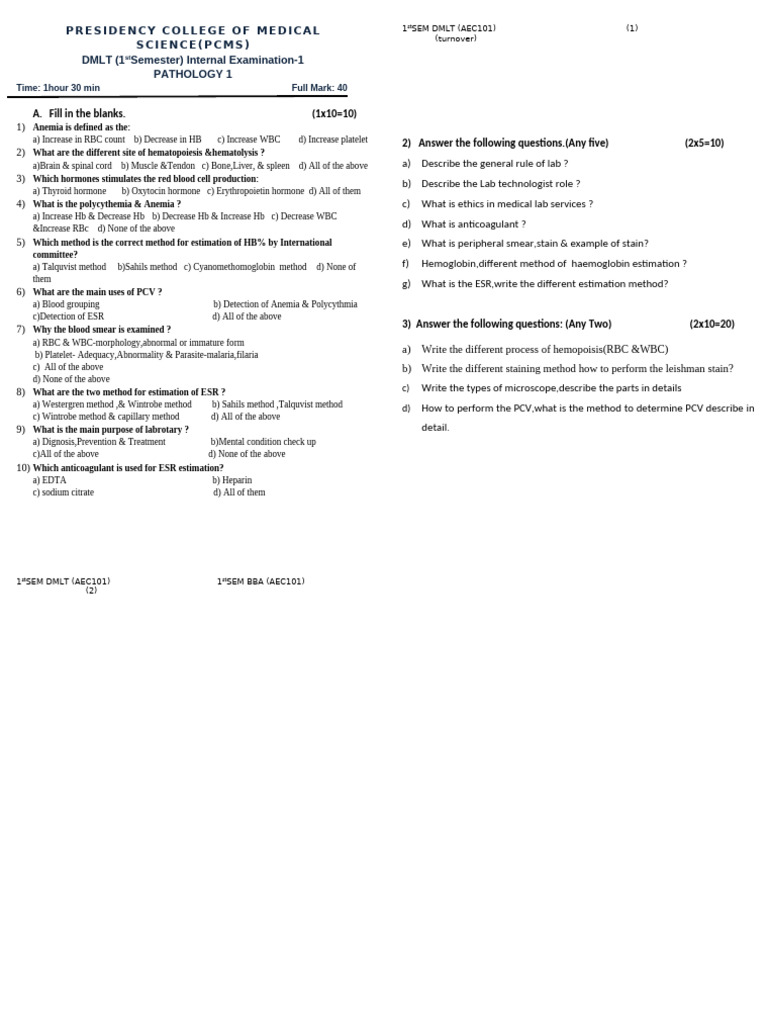Question Paper of DMLT-3 | PDF | Anemia | Clinical Medicine