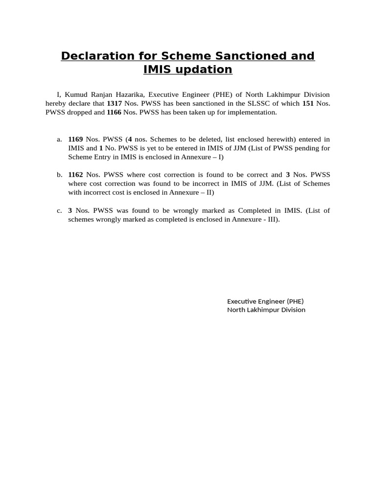 Declaration For Scheme Sanctioned and IMIS Updation | PDF