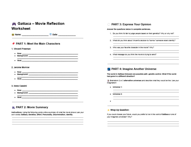 ? Gattaca – Movie Reflection Worksheet - Documentos de Google | PDF
