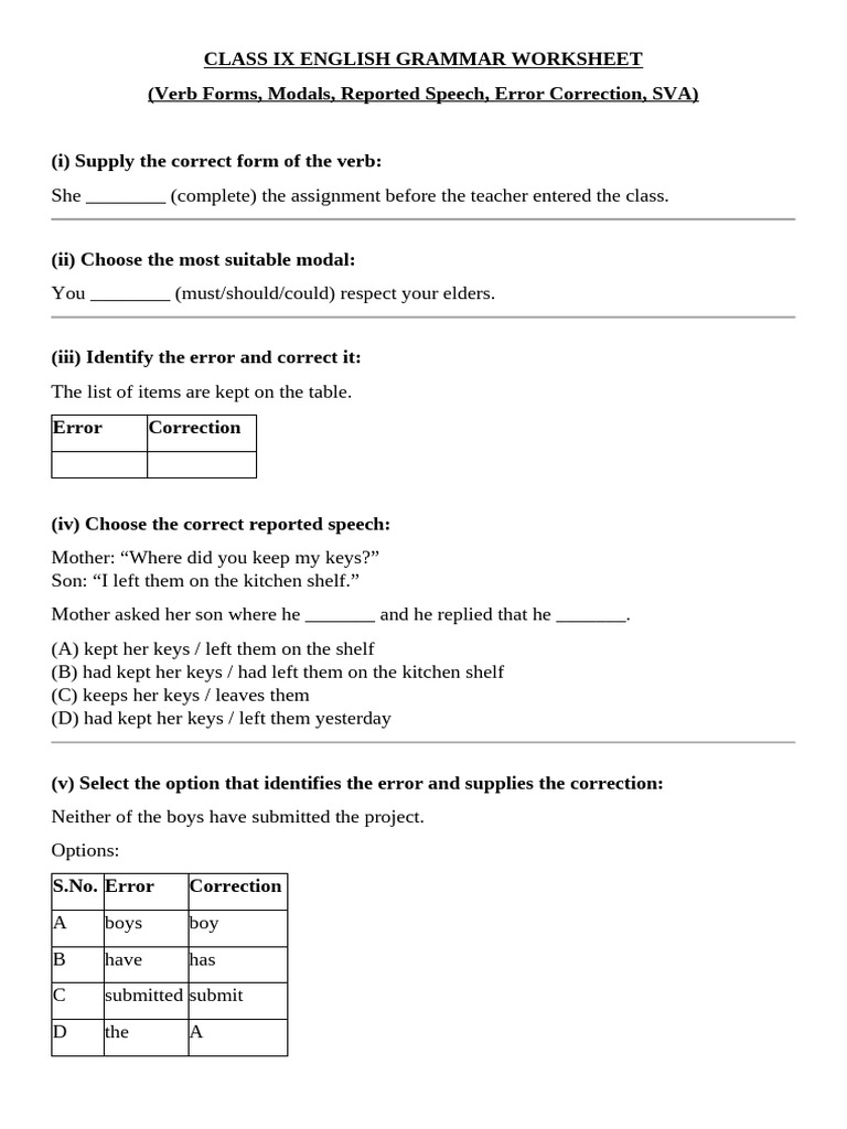 Class Ix English Grammar Worksheet | PDF | Linguistic Morphology ...