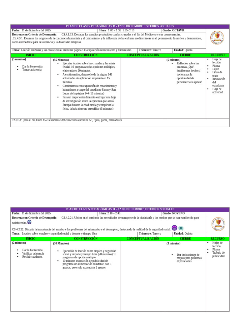 Plan de Clases Pedagógicas 11 | PDF