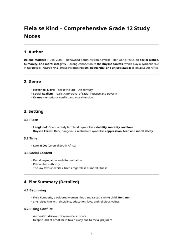 Fiela Se Kind - Detailed Study Notes | PDF