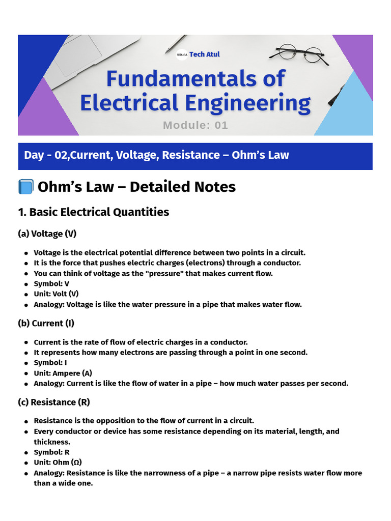 Day - 02, Current, Voltage, Resistance - Ohm's Law | PDF