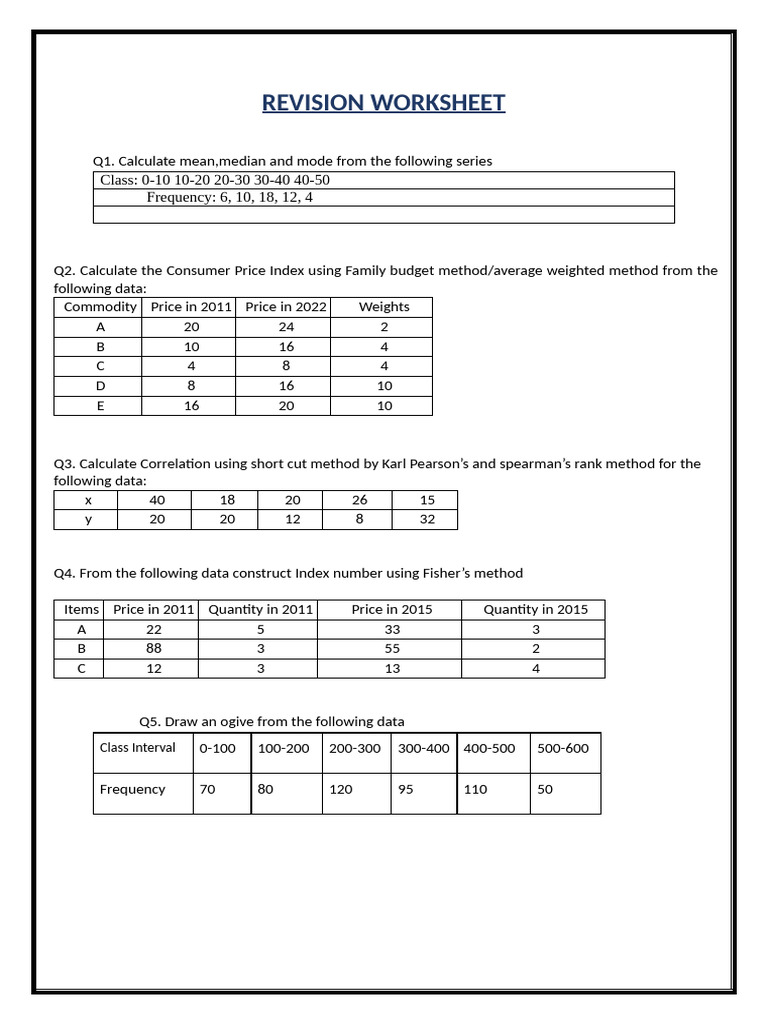 Revision Worksheet Xi Statistics | PDF